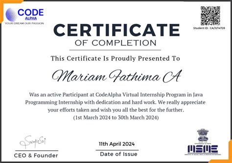 Mariam Fathima On Linkedin Java Javaprogramming Internship