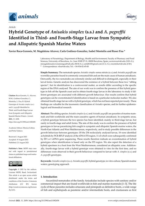 Pdf Hybrid Genotype Of Anisakis Simplex S S And A Pegreffii