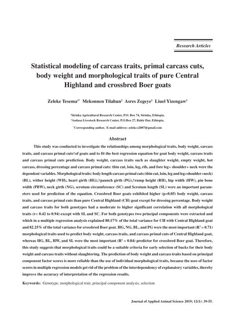 Pdf Statistical Modeling Of Carcass Traits Primal Carcass Cuts Body