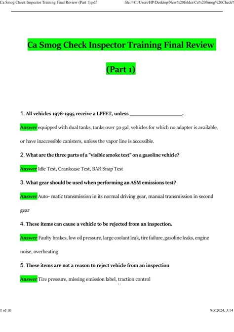 Smog Check Inspector Training Final Review Part 1 Exam Ca 2024 Updated Questions And Verified