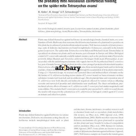Direct And Indirect Adverse Effects Of Tomato On The Predatory Mite Neoseiulus Californicus