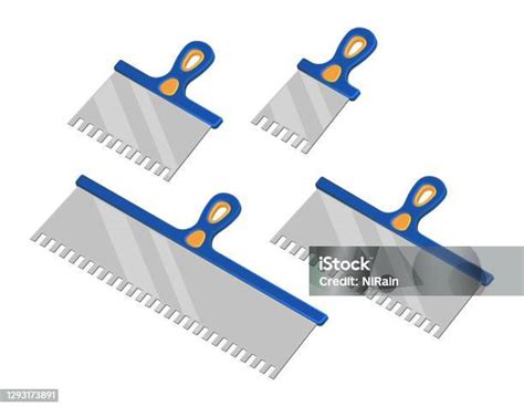 벽 작업자의 동급 벡터 일러스트레이션은 흰색으로 분리된 흙을 노치합니다 다른 크기 퍼티 나이프 벡터 아이콘 세트 파란색과 노란색 플라스틱 손잡이만화 주걱 건설 도구 3차원