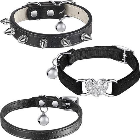 3 Pieces Cat Collar with Safety Bells, Basic Classic Black Leather, Rivet Leather, Heart Shape ...