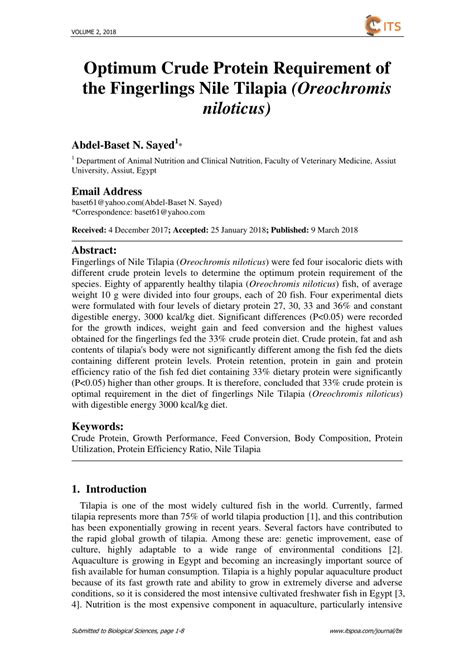 Pdf Optimum Crude Protein Requirement Of The Fingerlings Nile Tilapia Oreochromis Niloticus