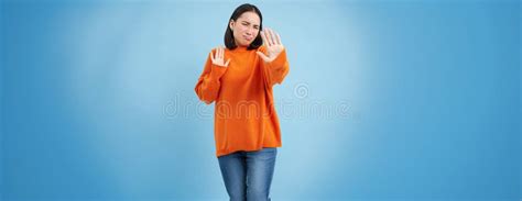 Stop It No Photos Please Upset Asian Girl Blocks Camera With Hands Doesnt Want To Take