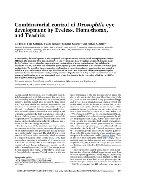 Pdf Combinatorial Control Of Drosophila Eye Development By Eyeless Homothorax And Teashirt