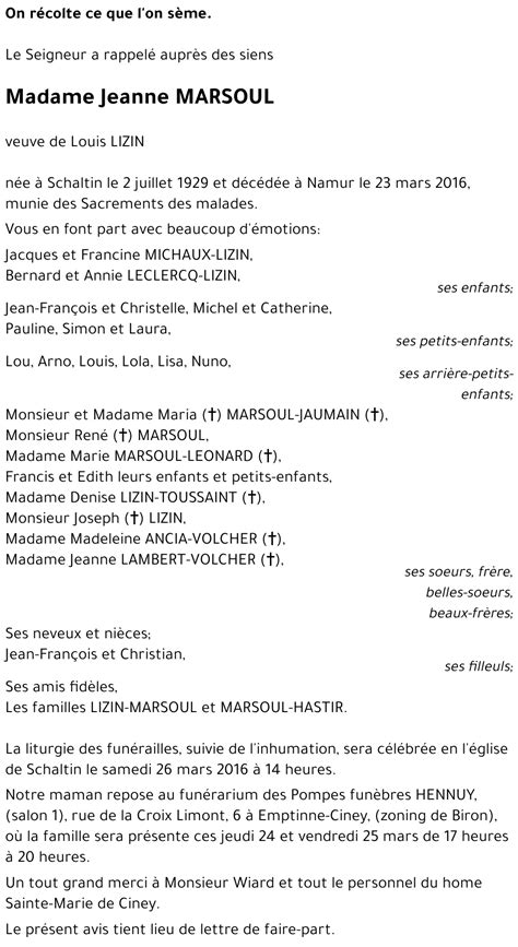 Avis De Décès De Jeanne Marsoul Décédé Le 23 02 2016 à Namur Annonce