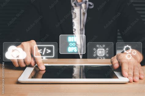 Devops Concept Man Hand Touching Tablet With Devops Icon On Vr Screen