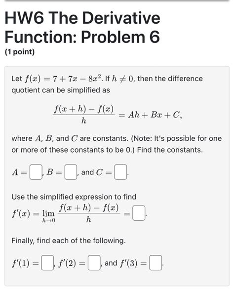 solved hw6 the derivative function problem 6 1 point let