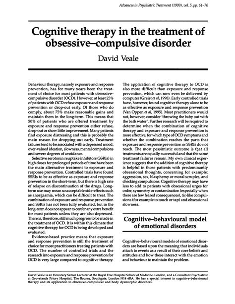 Pdf Cognitive Behavioural Therapy For Obsessive Compulsive Disorder