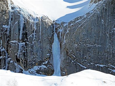 Frozen Waterfall Darfall Or Cascade Du Dar At The Foot Of The Alpine