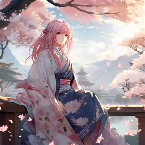 Premium Photo Anime Girl Sitting On A Bench In A Park With Cherry