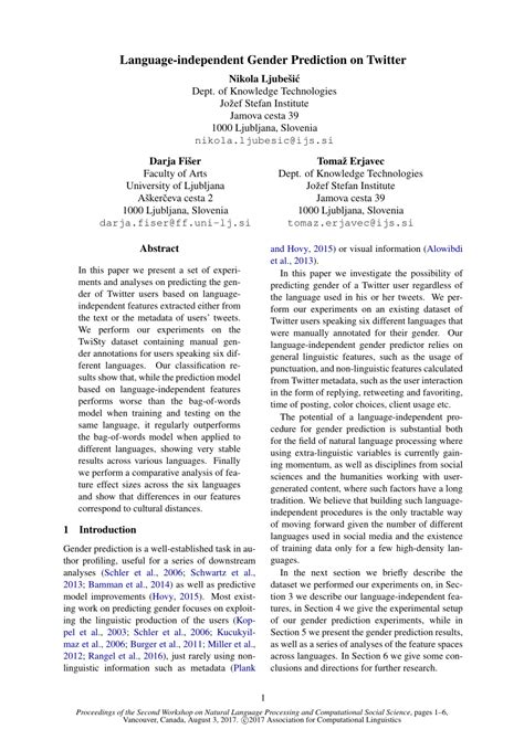 Pdf Language Independent Gender Prediction On Twitter
