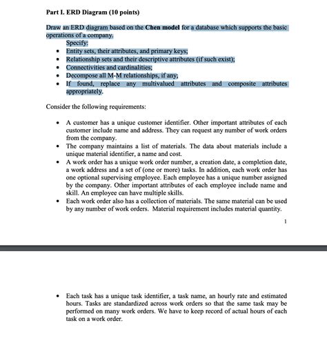 Solved Part I ERD Diagram 10 Points Draw An ERD Diagram Chegg Com
