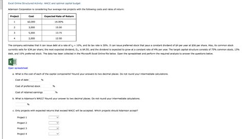 solved excel online structured activity wacc and optimal