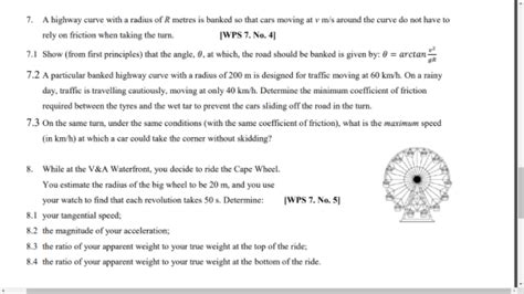 7 a highway curve with a radius of r metres is banked so that cars