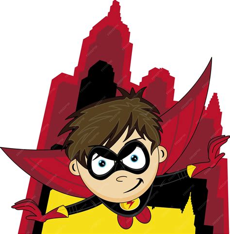 만화 영웅 마스크 슈퍼 히어로 만화 캐릭터와 고층 빌딩 그림 프리미엄 벡터