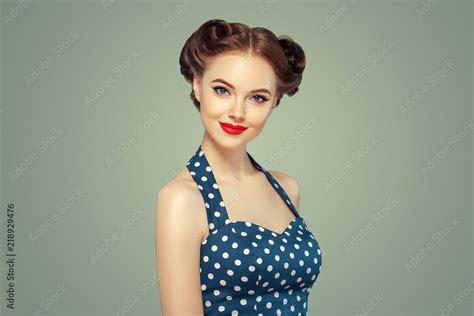 Pinup Woman Beauty Portrait Vintage Retro Girl Model In Polka Dot Dress