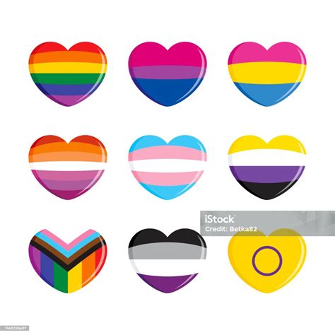 다른 성적 정체성 Lgbt 프라이드 플래그 하트 모양 아이콘 세트 벡터 프로그레스 프라이드 깃발에 대한 스톡 벡터 아트 및 기타 이미지 프로그레스 프라이드 깃발