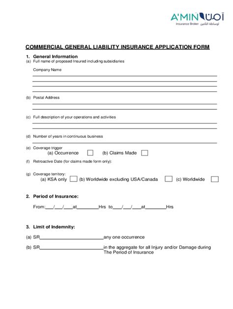 Fillable Online Commercial General Liability Insurance Application Form Fax Email Print Pdffiller