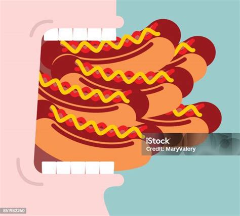 입을 열고 그리고 많은 핫도그 패스트 푸드의 많은입니다 열성 초상화입니다 벡터 일러스트 레이 션 가공육에 대한 스톡 벡터 아트 및 기타 이미지 Istock