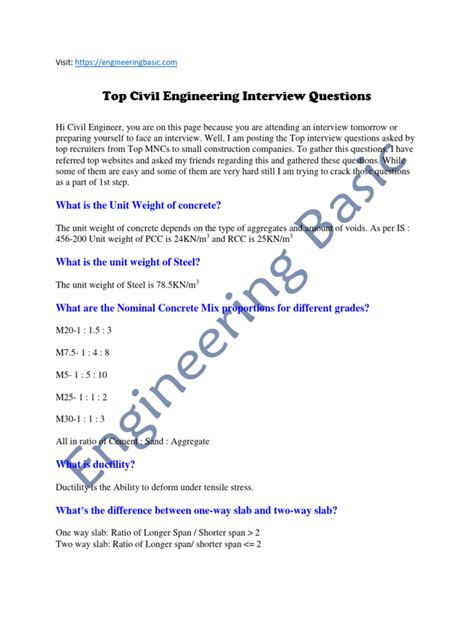 Top Civil Engineering Interview Questions Pdf Concrete Physical