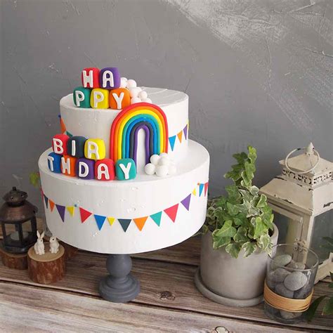 생일웨딩파티모형케이크 레인보우 생일축하 토퍼장식하기 좋은 2단 클레이케익 네이버 블로그