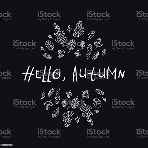 벡터 손으로 그린 안녕하세요 가을 꽃 배너 템플릿입니다 검은 색 배경에 격리 된 원 모양의 리프 컬렉션이있는 흰색 텍스트입니다