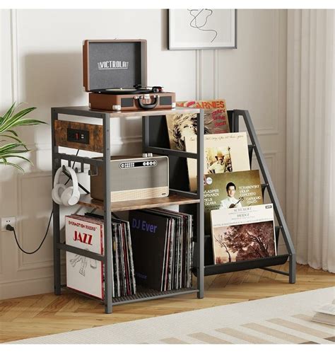 레코드 플레이어 스탠드 비닐 보관함이 있는 3단 레코드 플레이어 테이블 최대 200개의 앨범을 위한 비닐 티몬