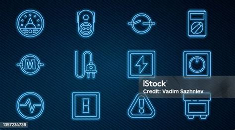 세트 라인 퓨즈 전기 조명 스위치 회로 구성표 플러그 앰프 미터 멀티 미터 볼트 번개 볼트 및 전기 콘센트 아이콘 벡터 고압