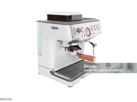 커피와 물 탱크 3d 렌더링 흰색 배경에 대한 용량이 있는 화이트 커피 머신 은 그림자 없음 갈색에 대한 스톡 사진 및 기타 이미지 Istock