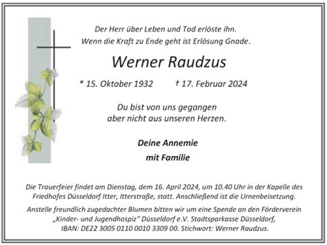 Alle Traueranzeigen Für Werner Raudzus Trauer Rp Online De