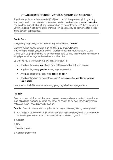 Strategic Intervention Material Sim Sa Sex At Gender Pag Unawa At