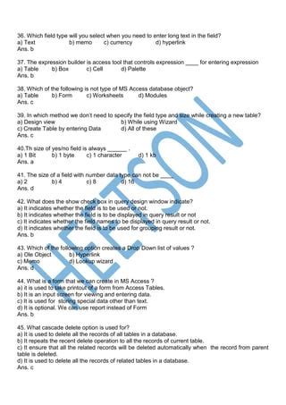 MS Access MCQ Questions Microsoft Office PDF