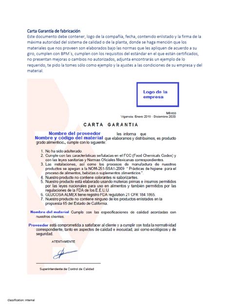 Carta Garantía De Fabricación Pdf