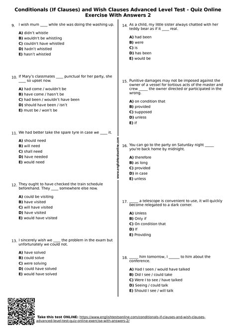 SOLUTION Conditionals If Clauses And Wish Clauses Advanced Level Test Quiz Online Exercise