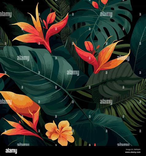 Green Tropical Forest Background Monstera Leaves Palm Leaves Branches