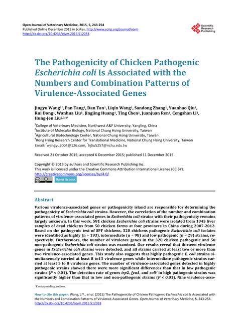 Pdf The Pathogenicity Of Chicken Pathogenic Escherichia Coli Is Associated With The Numbers