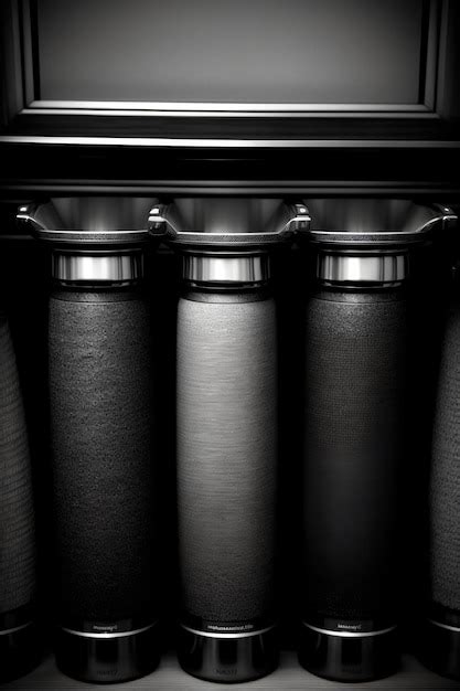 Premium Ai Image A Row Of Black And Silver Canisters Sitting Next To Each Other