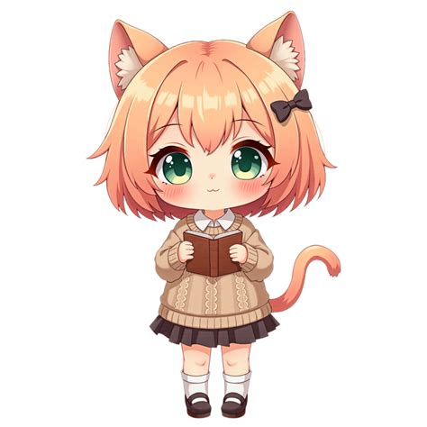 Studious Chibi Cat Girl With Short Orange Hair And Book 51949558 Png