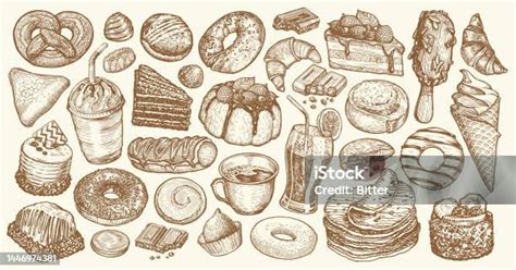 손으로 그린 컬렉션 달콤한 디저트 카페 또는 레스토랑 메뉴에 대한 음식 및 음료 스케치 세트 빈티지 벡터 일러스트 레이 션 크루아상에 대한 스톡 벡터 아트 및 기타 이미지