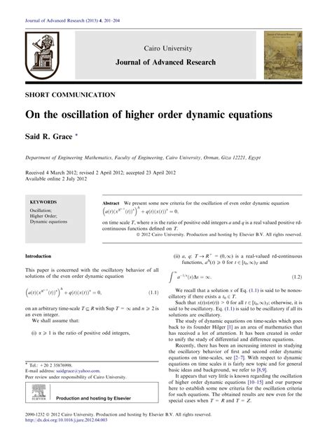 Pdf On The Oscillation Of Higher Order Dynamic Equations
