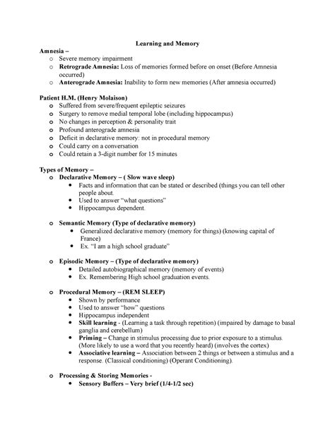 Learning And Memory Lecture Notes Learning And Memory Amnesia O Severe Memory
