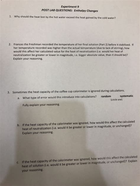 Solved Experiment POST LAB QUESTIONS Enthalpy Changes Chegg