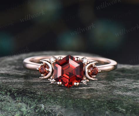 Hexagon Natural Red Garnet Engagement Ring Art Deco Moon Garnet Ring N