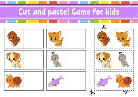 과 붙여 넣기 어린이용 게임 어린이와 유아를 위한 교육 활동 워크 어린이용 게임 터 일러스트레이션 프리미엄 벡터