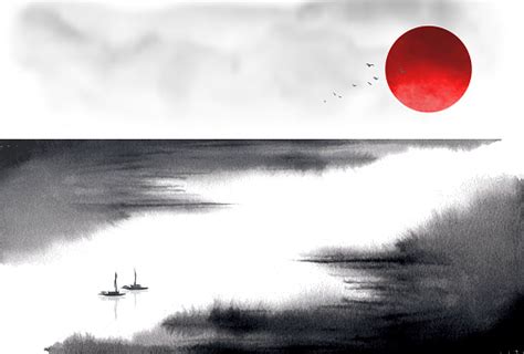 큰 강에 어선과 미니멀 한 잉크 워시 페인팅 풍경 일본의 전통 잉크 워시 페인팅 스미e 강에 대한 스톡 벡터 아트 및 기타 이미지 Istock