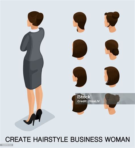 2 패션 아이소메트릭 3d 비즈니스 여자 여자의 머리를 자르거나 세트 스타일링 머리 머리 색깔을 설정 합니다 후면 보기 밝은 배경에 고립입니다 벡터 일러스트 레이 션