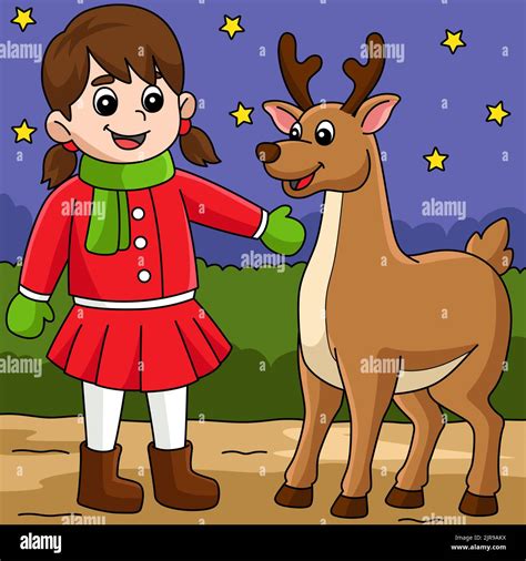 Christmas Girl And Reindeer Colored Cartoon Stock Vector Image And Art