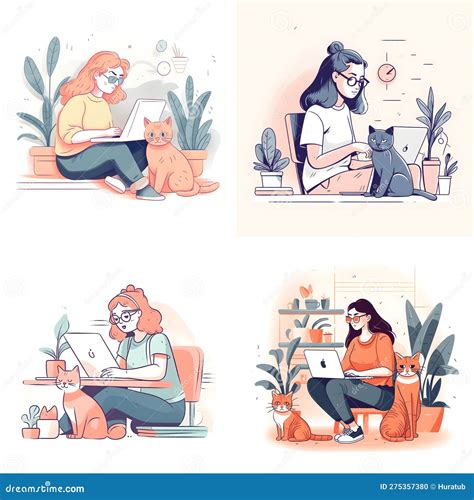 Coding Companion Woman Developer And Her Feline Friend Stock